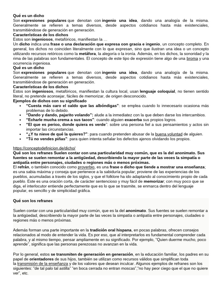 Dichos y Refranes: Definición y Ejemplos | PDF | Diccionario | Analogía