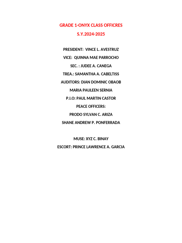 Grade 1 Class Officers | PDF