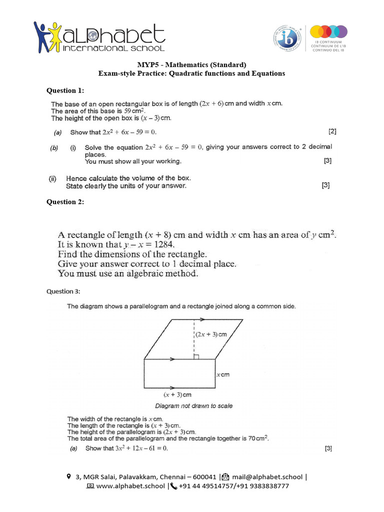 MYP5 Quadratics Revision Problems | PDF
