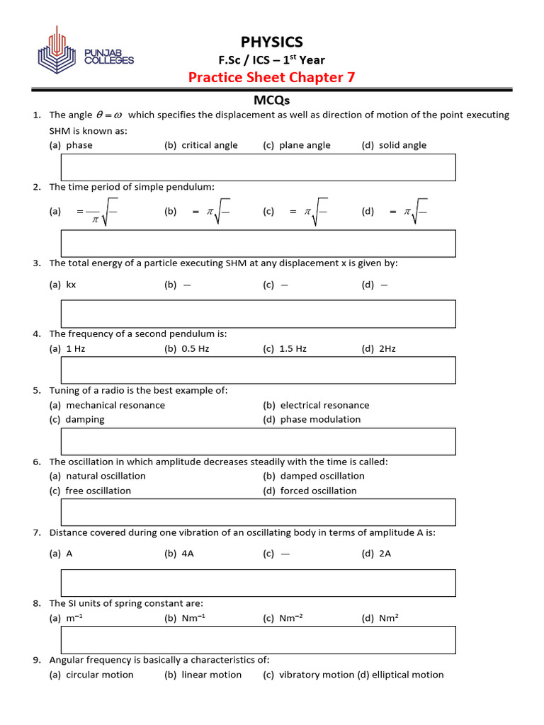 Physics Practice Sheet P-1-Ch.7 | PDF | Oscillation | Resonance