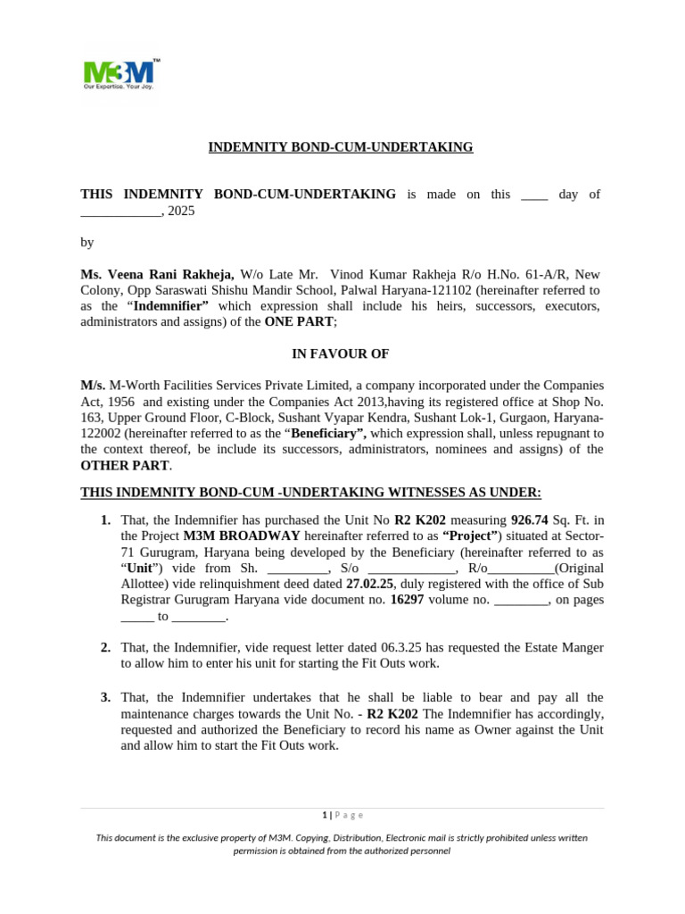 Indemnity Cum Undertaking New Allottee | PDF | Indemnity | Civil Law ...