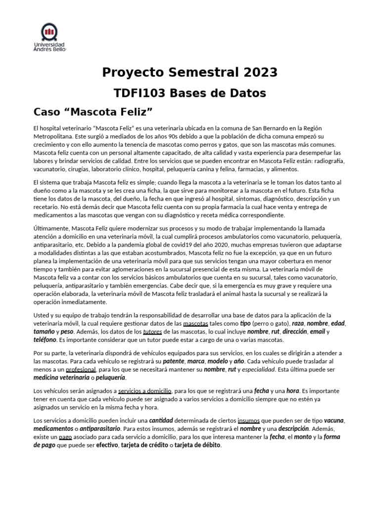 Proyecto Semestral 2023 - Mascota Feliz (Enunciado) | PDF | Mascota | Hospital