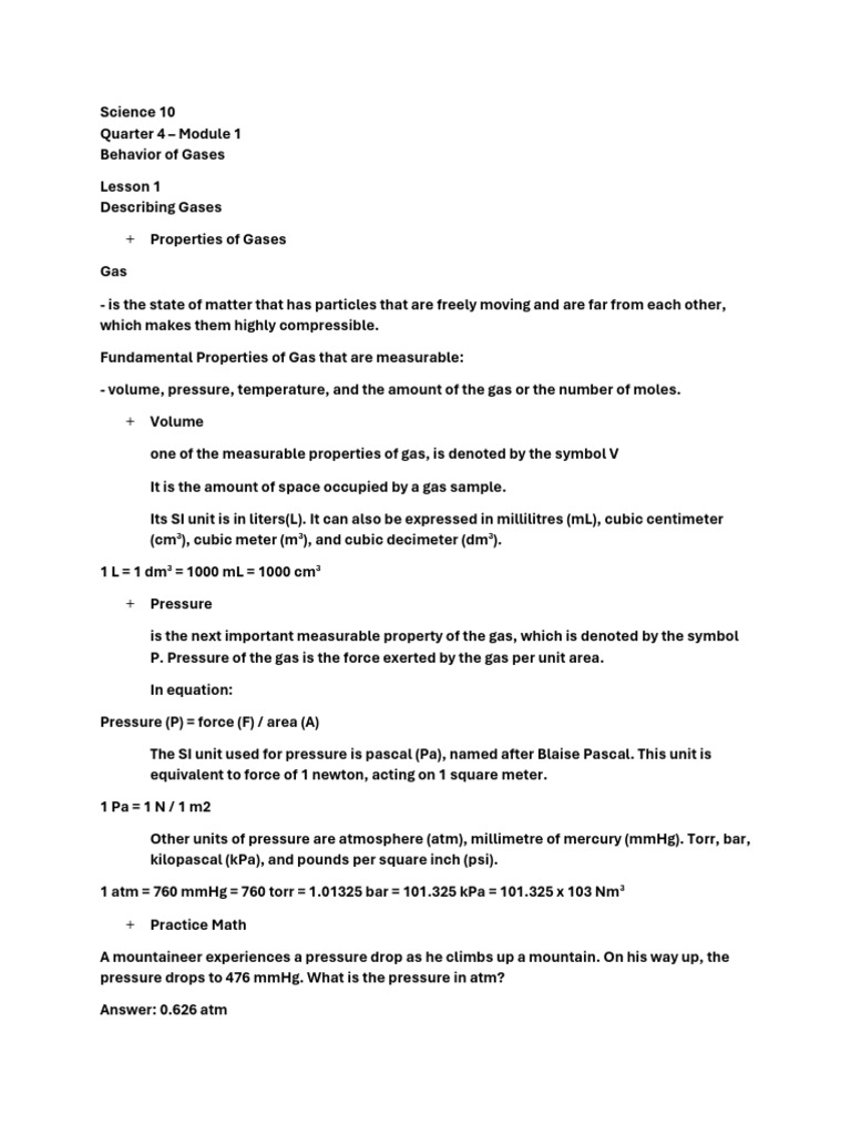 Science-10-q4-m1-lesson-1 | PDF | Pascal (Unit) | Gases
