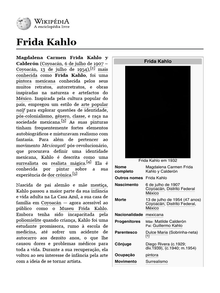 Frida Kahlo - Wikipédia, A Enciclopédia Livre | PDF