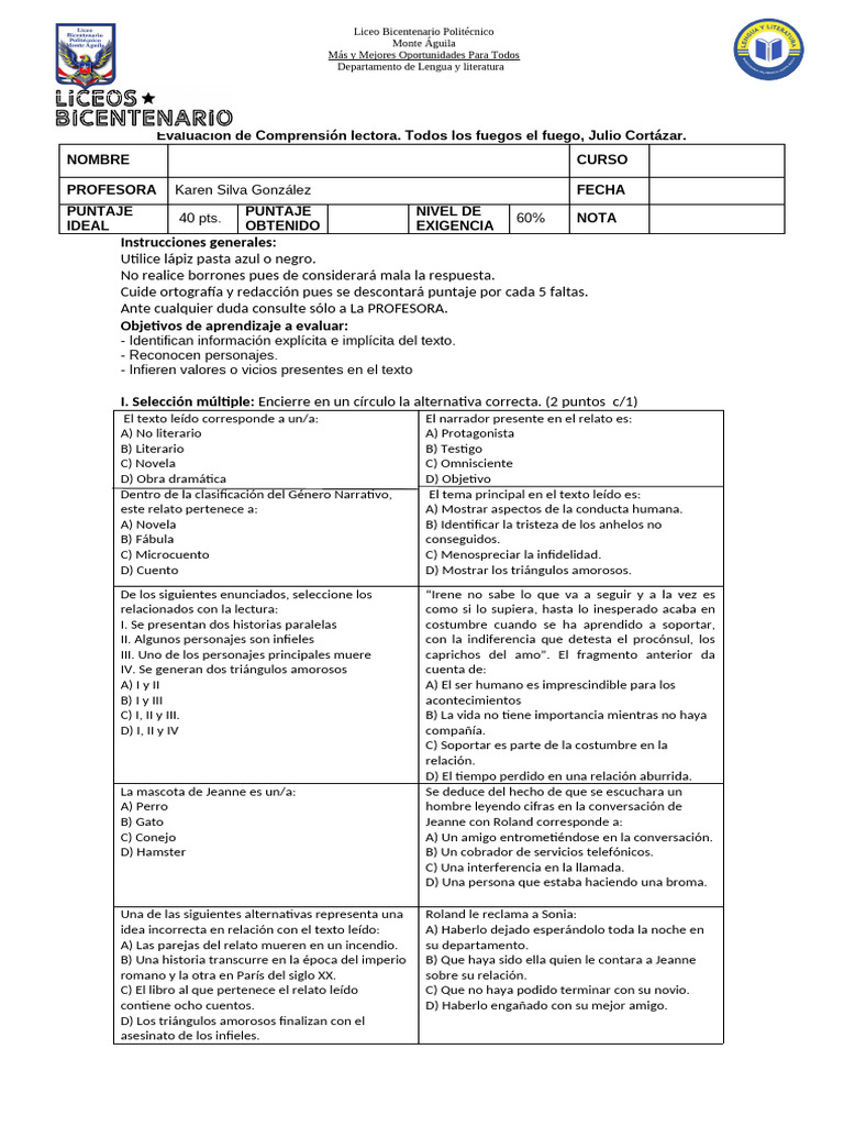 Evaluación Todos Los Fuegos El Fuego | PDF
