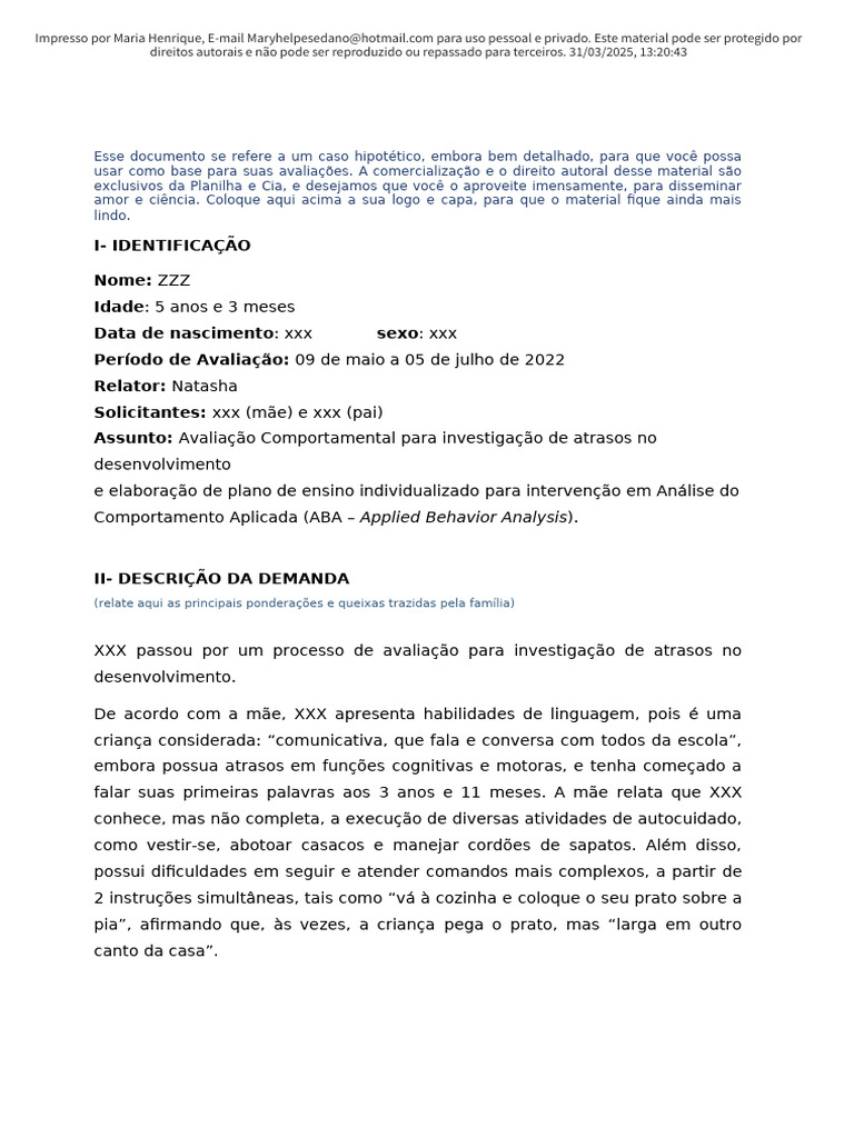 MODELO-DE-DEVOLUTIVA-PORTAGE - Passei Direto | PDF | Comportamento | Roupas