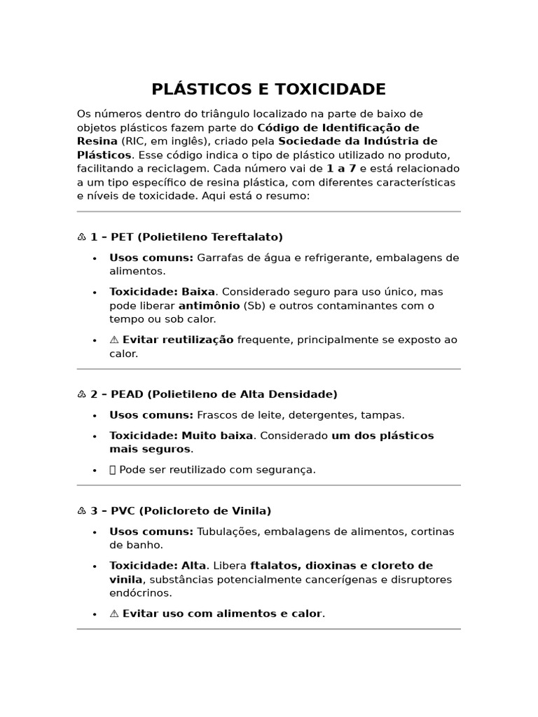 Plásticos e Toxicidade: Guia de Segurança | PDF | Plástico | Cloreto de ...