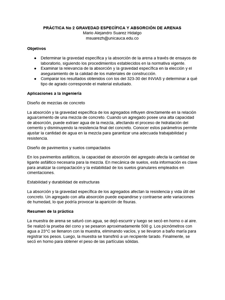 Gravedad Específica y Absorción de Arenas | PDF | Hormigón | Materiales