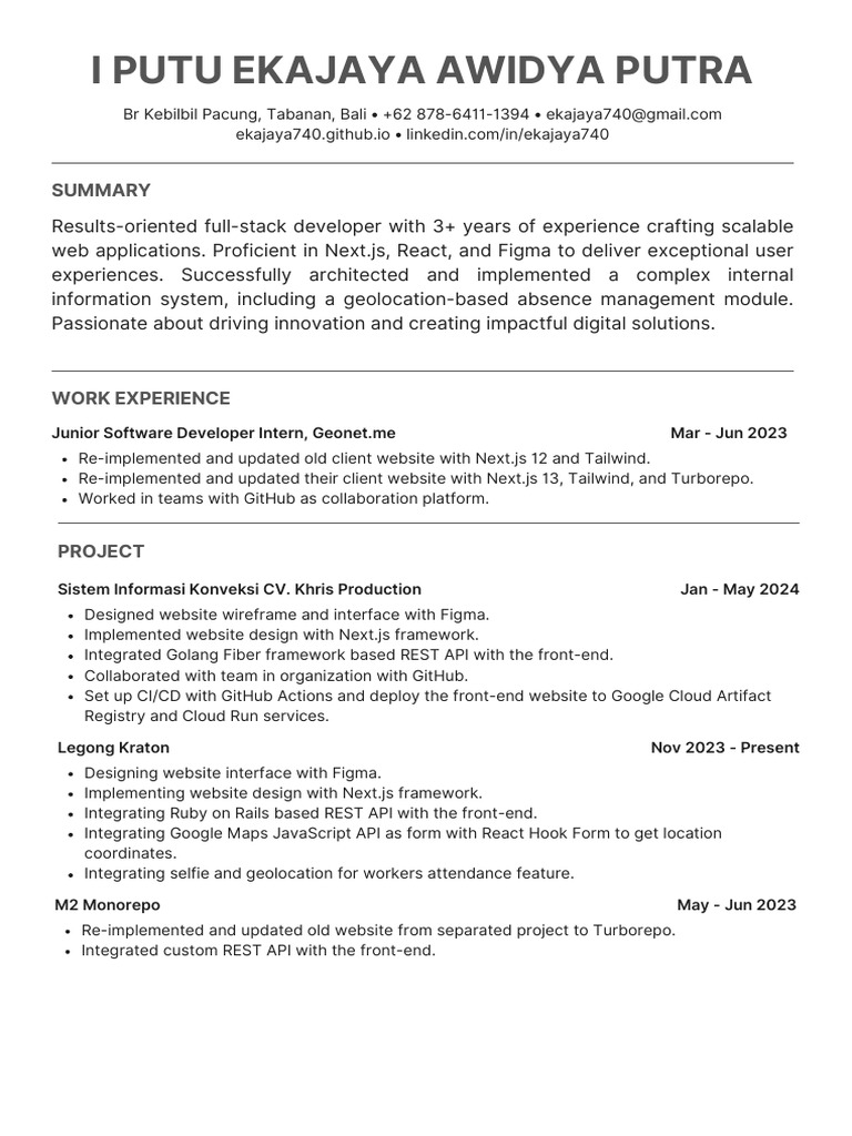 I Putu Ekajaya Awidya Putra Junior Fullstack Developer Resume | PDF | Web Application | Computing