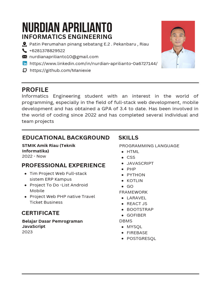 Nurdian Aprilianto Junior Fullstack Developer Resume | PDF