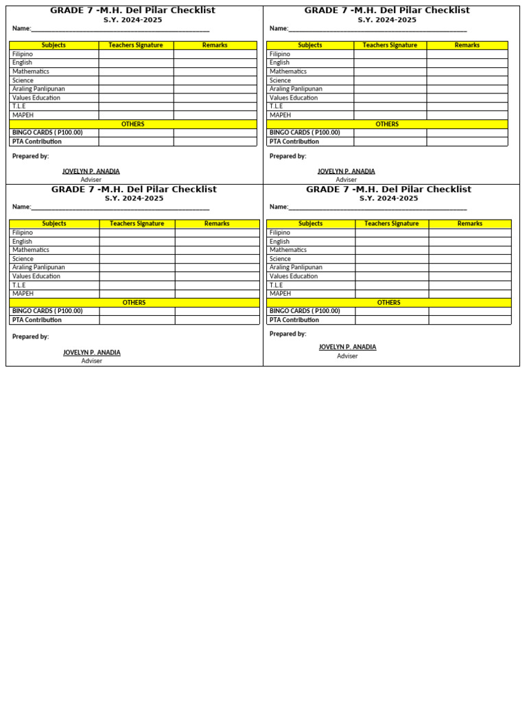 Students Subject Checklist | PDF