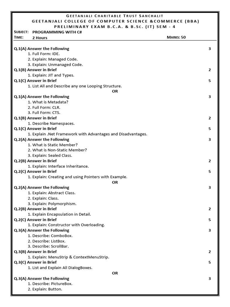 CS-23 C# Prelims Paper 2025 | PDF | C Sharp (Programming Language) | Software