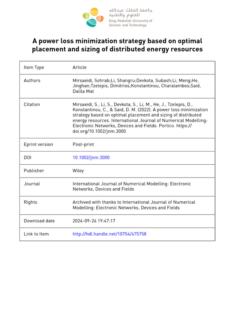 A Power Loss Minimization Strategy Based On Optimal Placement and Sizing of Distributed Energy ...