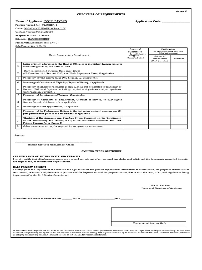 ANNEX C Checklist of Requirements and Omnibus Sworn Statement | PDF