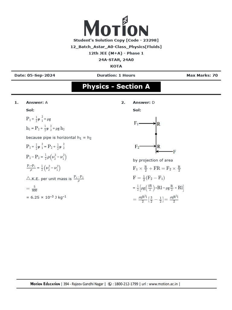 12 Batch Astar A0-Class Physics (Fluids) Solution | PDF | Buoyancy | Force