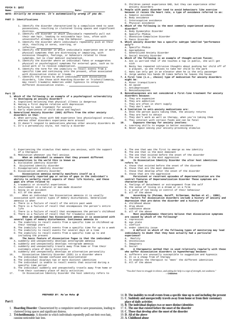 PSYCH 5 q2 | PDF | Dissociation (Psychology) | Anxiety