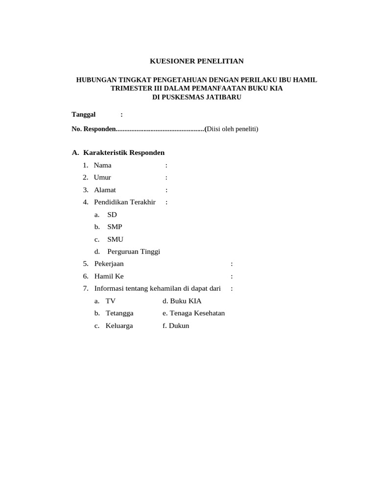 Kuesioner Minipro Pengetahuan Dan Sikap Ibu Hamil Tentang Buku Kia | PDF