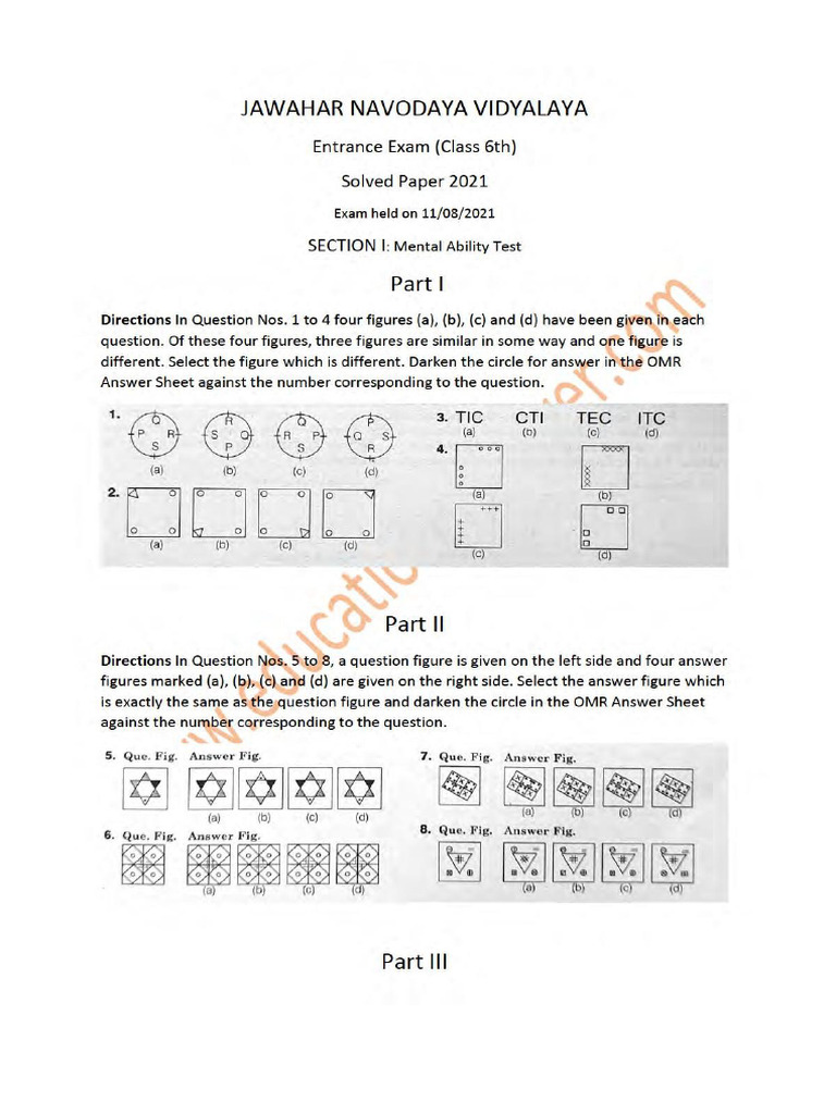 JNV 6th 2021 Question Paper Final | PDF