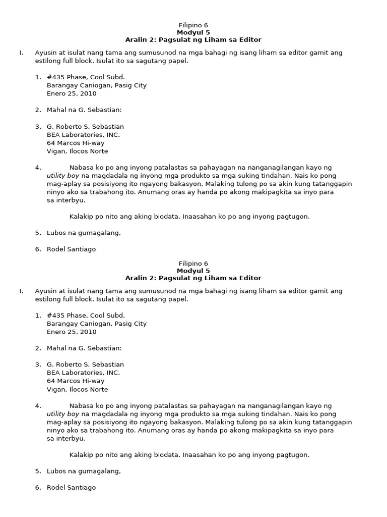 Q4 - Modyul5 - Aralin2 - Pagsulat NG Liham para Sa Editor - Activity | PDF