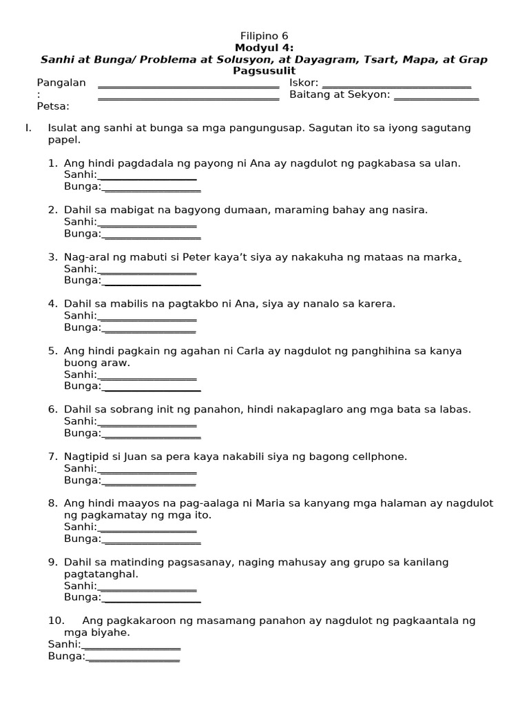 Q4_Modyul4_Sanhi at Bunga o Problema at Solusyon, at Dayagram, Tsart, Mapa, at Grap_ Pagsusulit ...