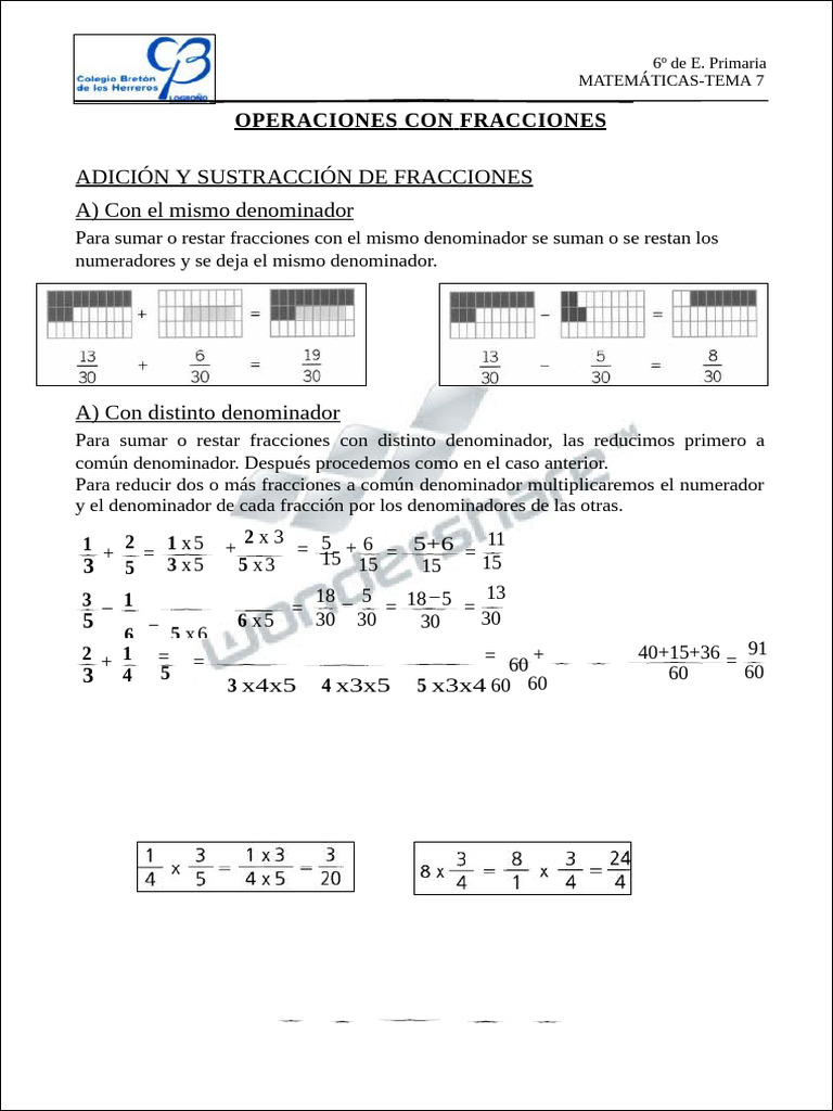 Operaciones con Fracciones para 6º E. Primaria | PDF | División ...
