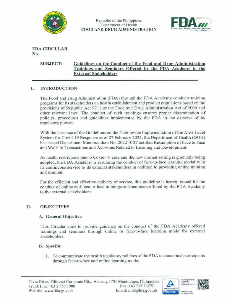 Draft Guideline On Conduct of FDA Training | PDF