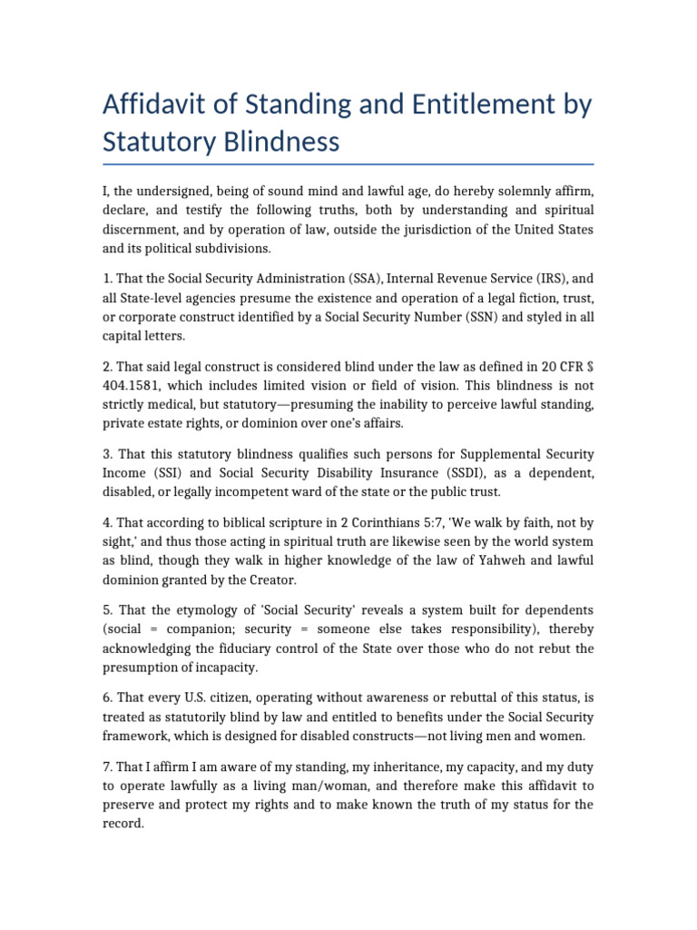 Affidavit of Standing and Entitlement by Statutory Blindness | PDF ...