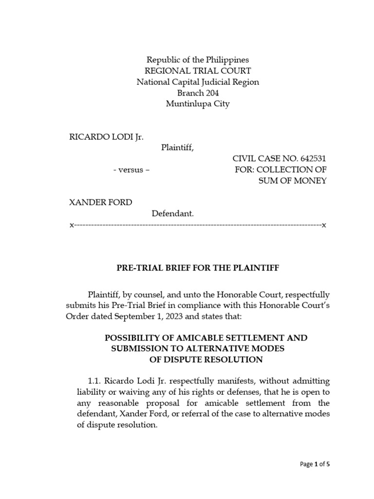 Pre-Trial Brief | PDF | Loans | Lawsuit