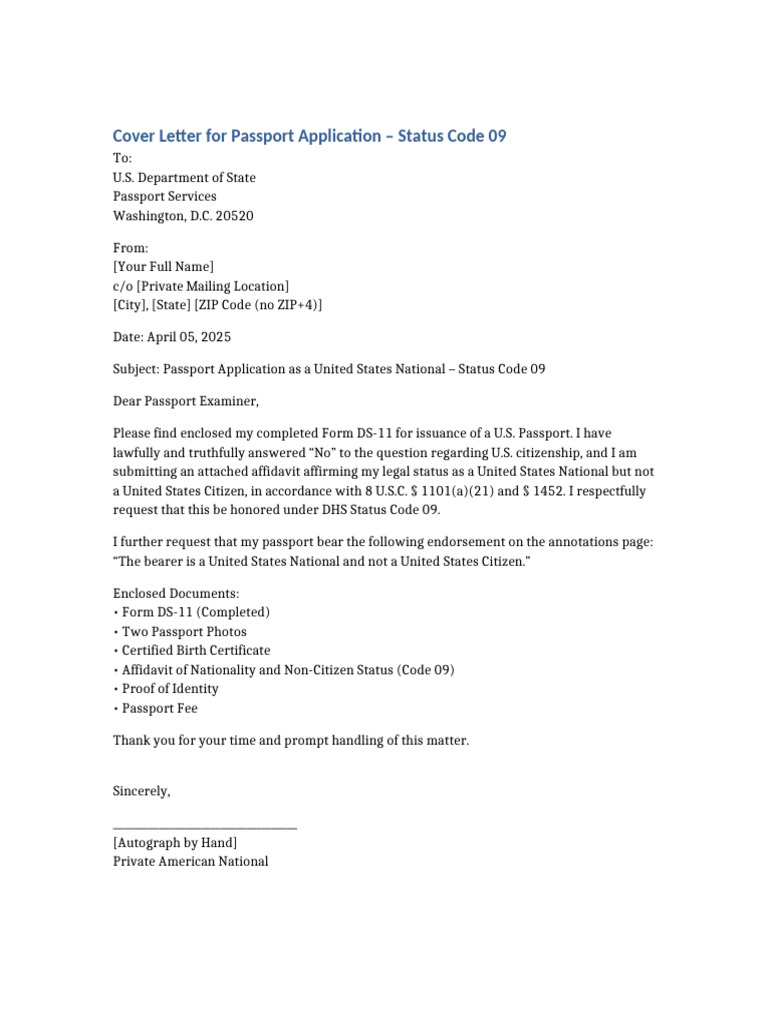 Passport Application Cover Letter - Status 09 | PDF