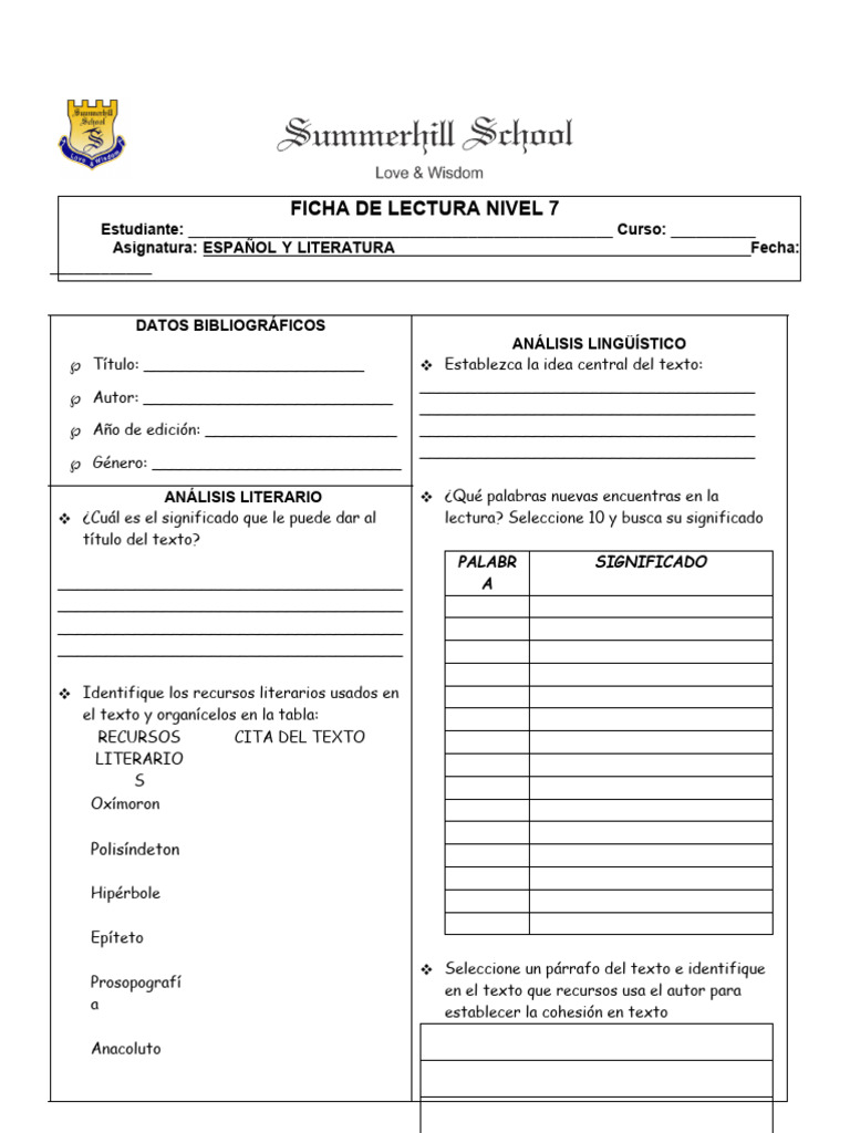 Ficha Literaria Nivel 7 Word | PDF