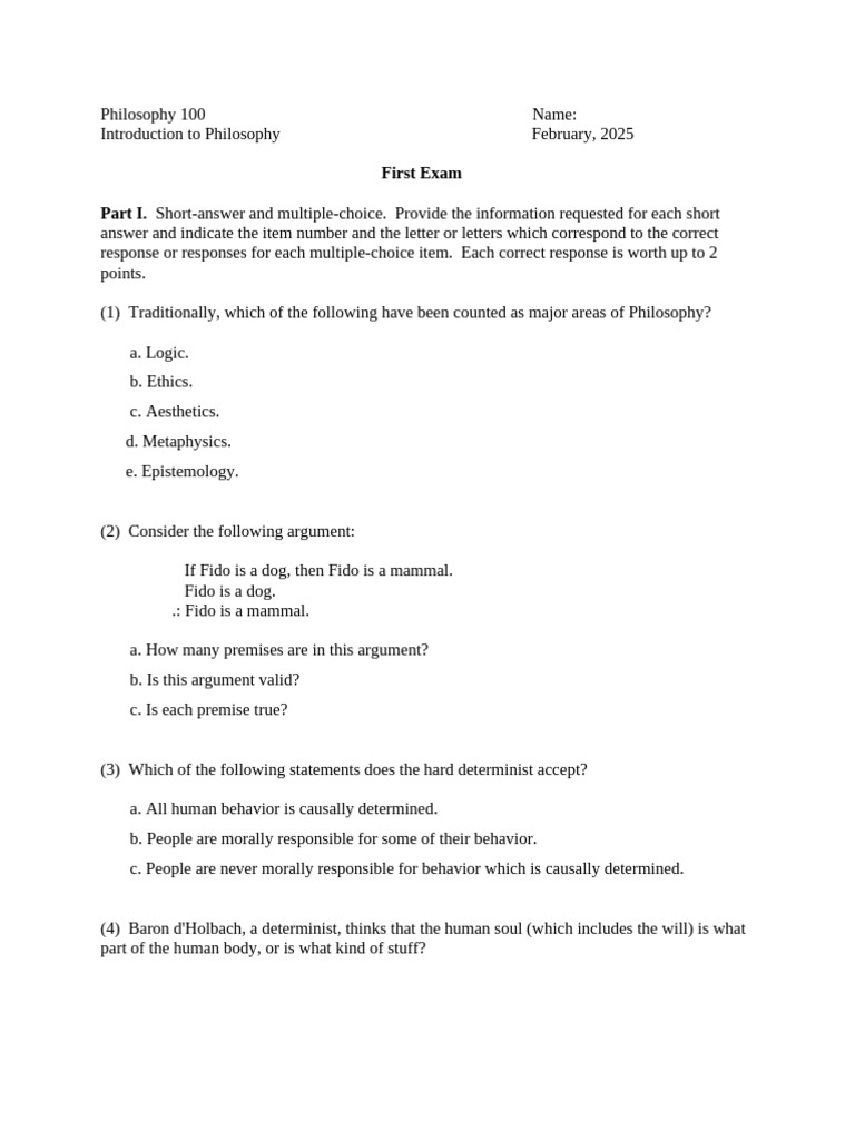 Philosophy 100 Exam: Key Concepts & Topics | PDF | Psychological Egoism ...