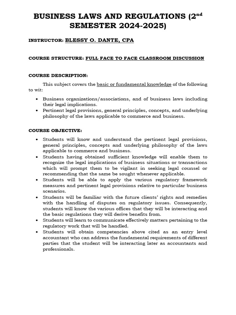 Business Laws and Regulations Course | PDF | Corporations | Business ...
