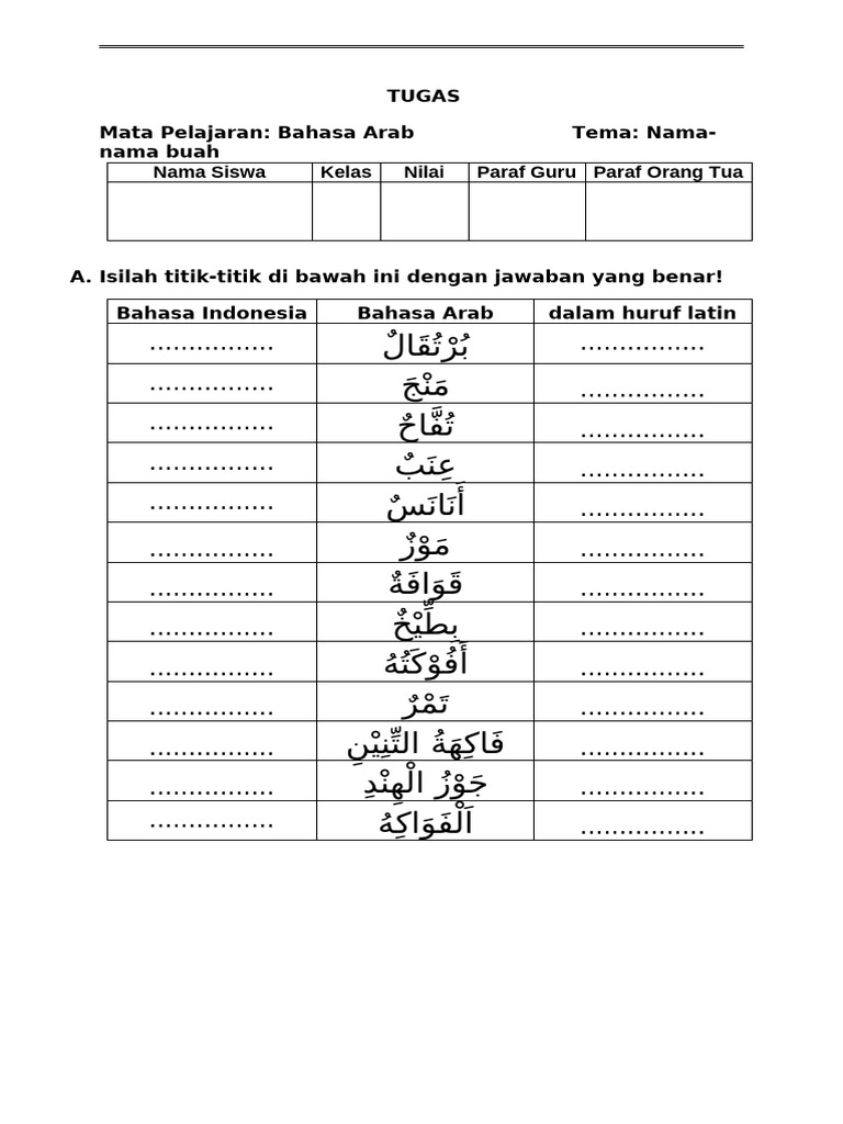 Nama Siswa Kelas Nilai Paraf Guru Paraf Orang Tua: Tugas Mata Pelajaran ...