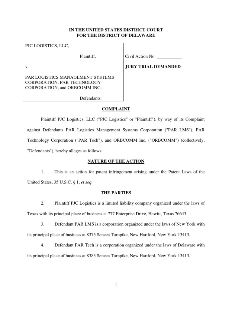 Patent Infringement Complaint: PJC vs. PAR & ORBCOMM | PDF | Patent ...