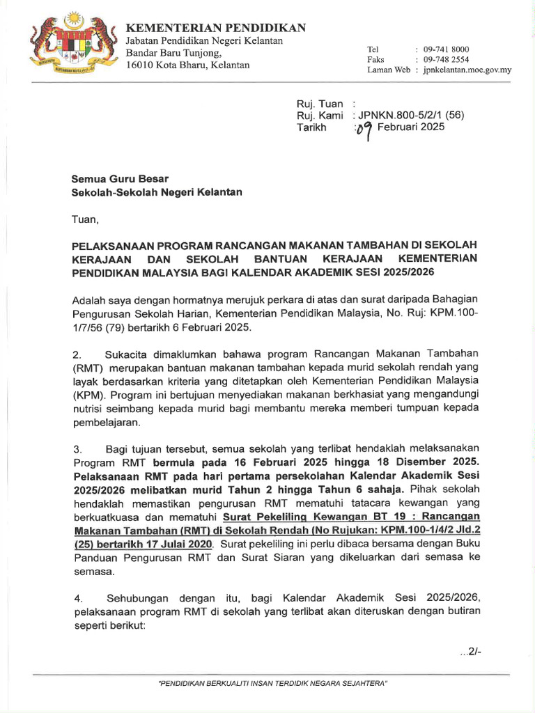 Bil 56. Surat Pelaksanaan RMT Sesi 2025-2026 | PDF