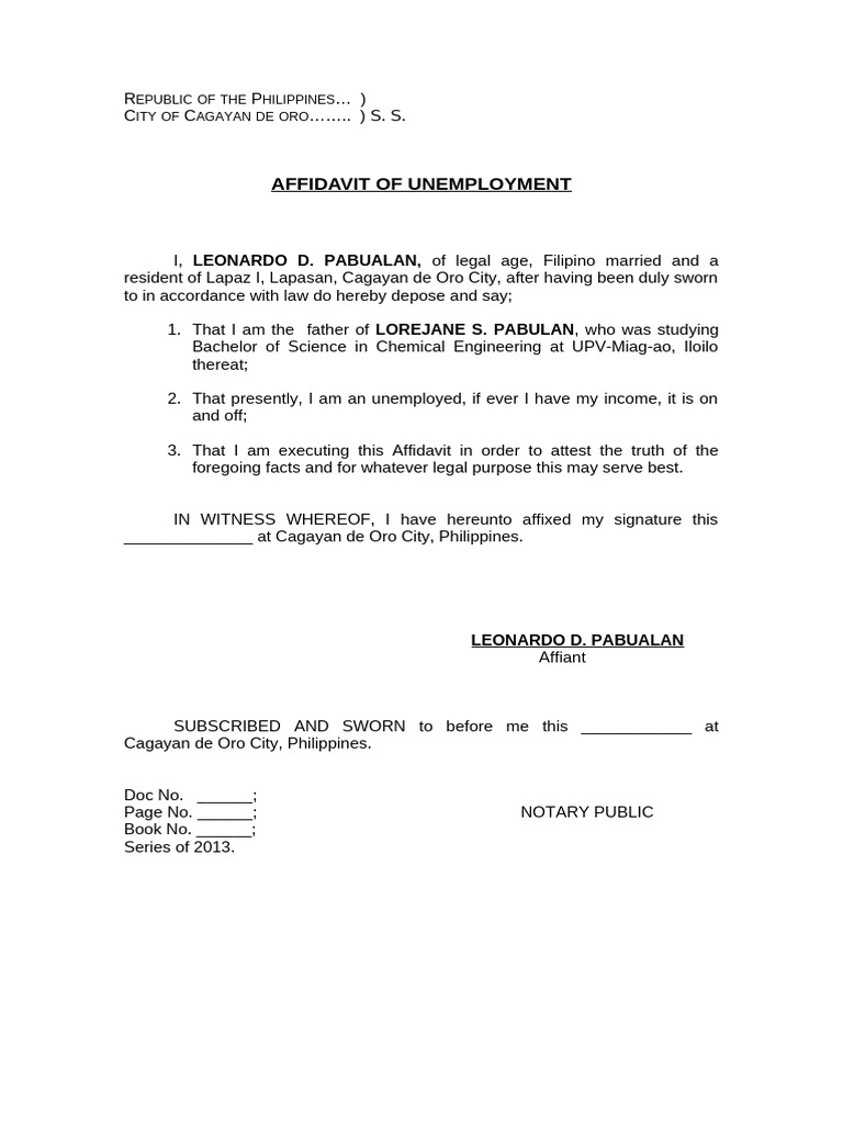 Affidavit of Unemployment in Cagayan de Oro | PDF