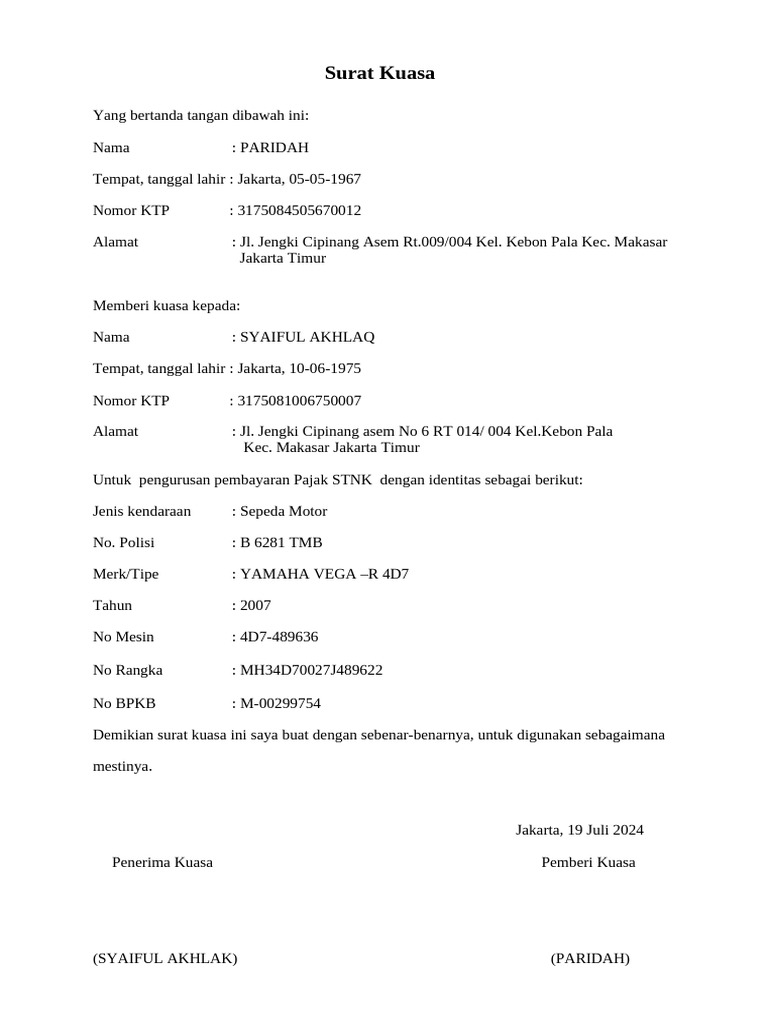 Contoh Surat Kuasa Perpanjangan STNK (1) | PDF