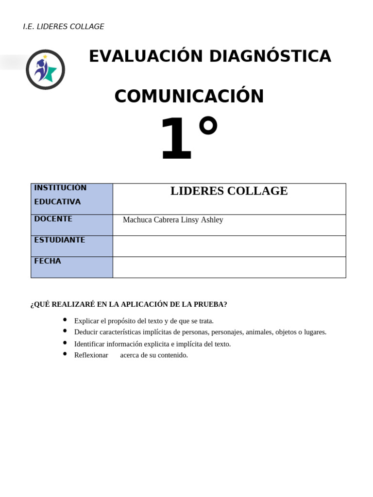 EVALUACIÓN DIAGNOSTICA - 1° GRADO- PRIMARIA-COMUNICACION | PDF