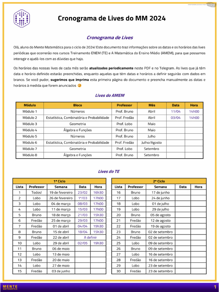 Cronogramas de Lives 2024 | PDF