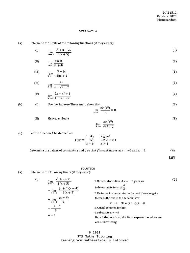 MAT1512 - Oct - Nov - 2020 - Memorandum | PDF | Calculus | Mathematical ...
