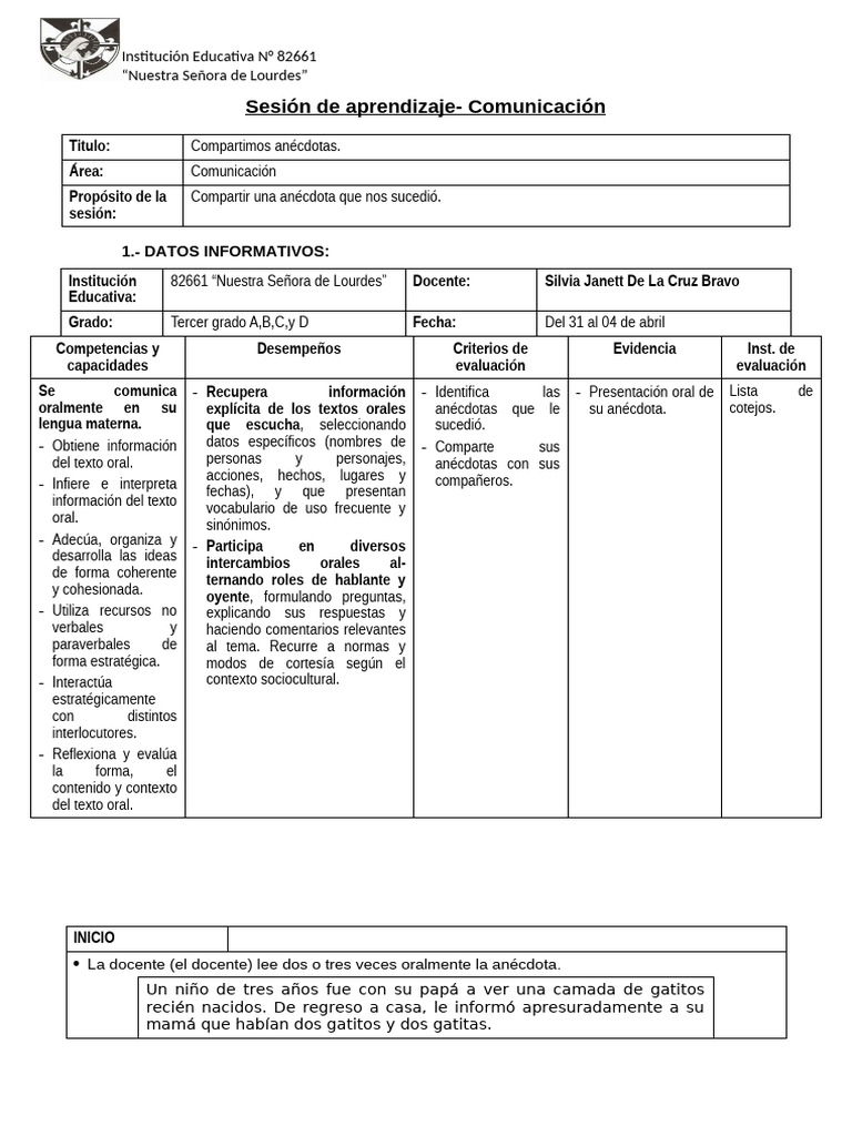 Sesión de aprendizaje-anécdota-Silvia | PDF | Aprendizaje