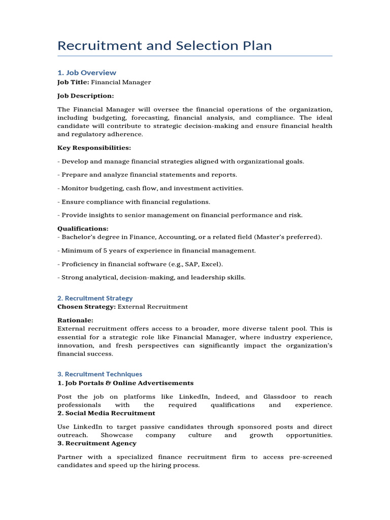Recruitment and Selection Plan Financial Manager | PDF | Recruitment ...