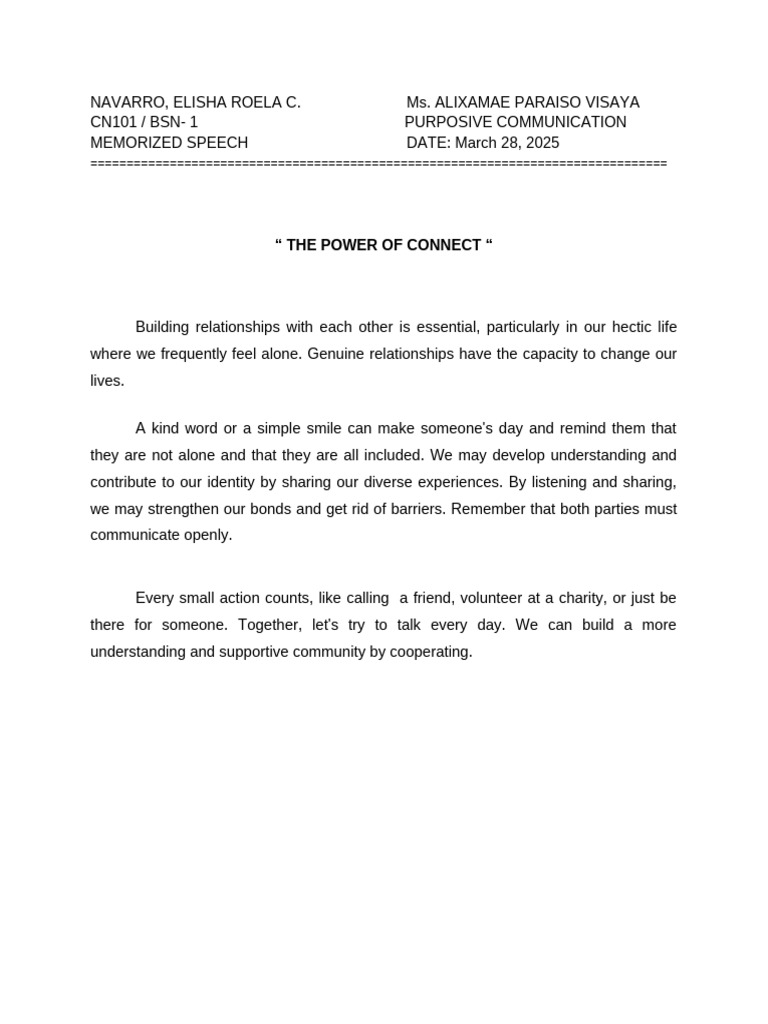 Memorized Speech - Navarro, Elisha Roela c. | PDF