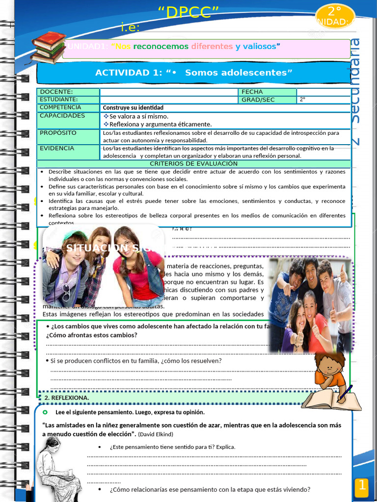2° DPCC - Actv.01-Unid.1 2023 | PDF | Pensamiento | Las emociones