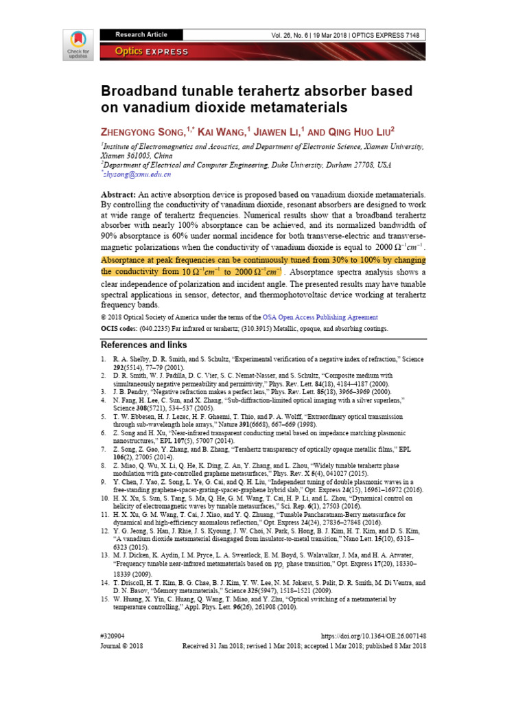 Broadband Tunable Terahertz Absorber Based On Vana | PDF | Polarization (Waves) | Metamaterial