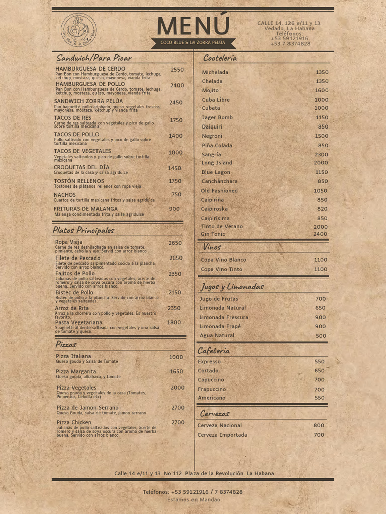 Menú de Coco Blue en La Habana | PDF | Hamburguesas | Pizza