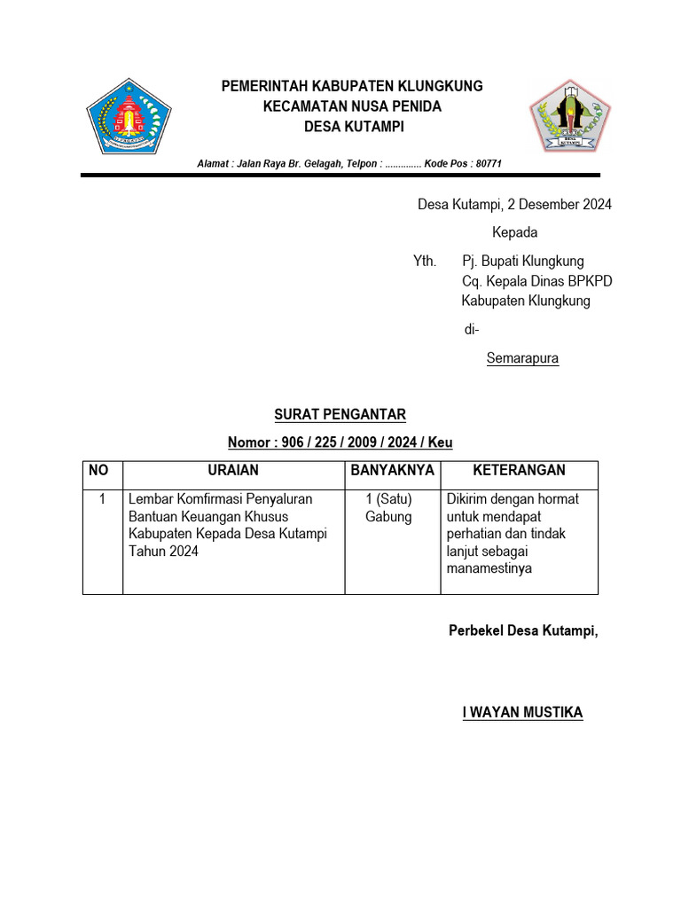 Surat Pengantar Lembar Komfirmasi BKK Tahun 2024 | PDF
