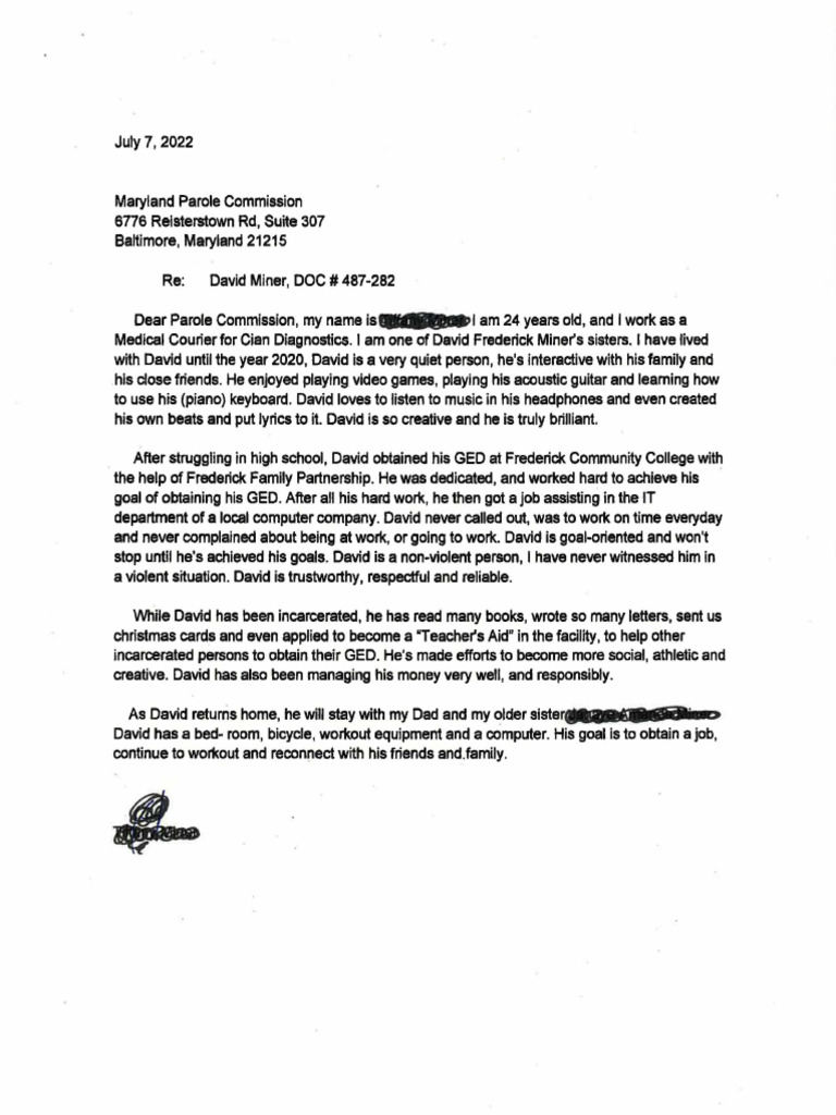 David Miner IV Parole Support Letter | PDF | Parole | Prisoner