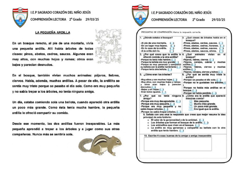 COMPRENSIÓN LECTORA - 2do GRADO - LA ARDILLA | PDF