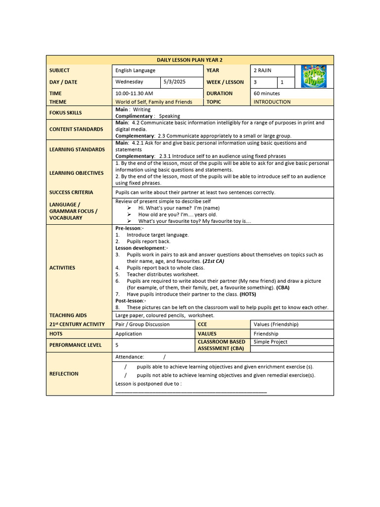 Year 2 English Lesson Plan: Self-Introduction | PDF | Lesson Plan | Learning
